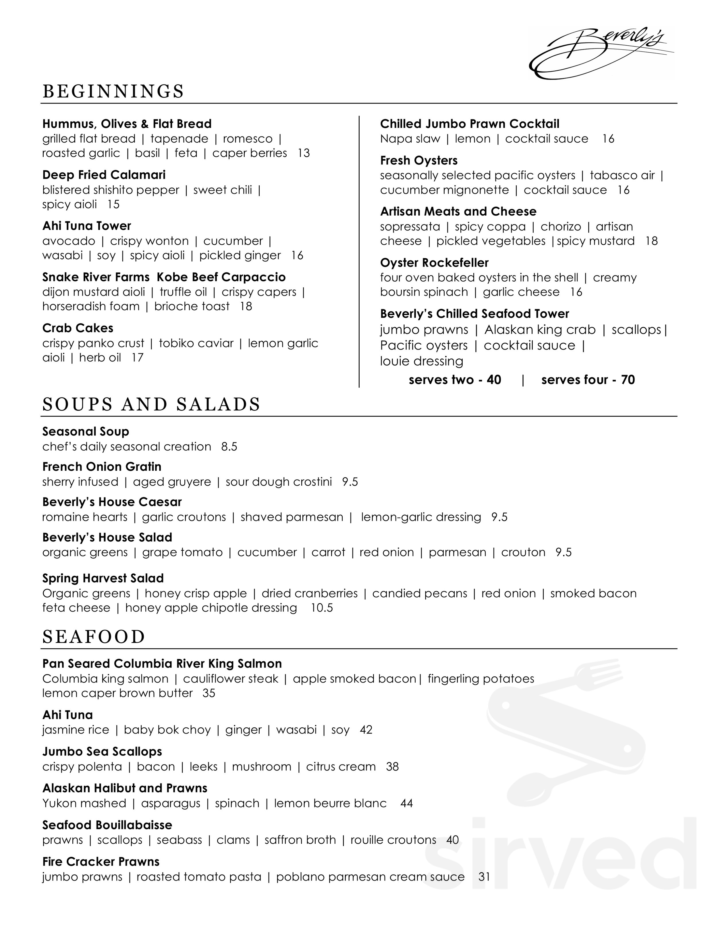 Beverly's menu in Coeur d'Alene, Idaho, USA