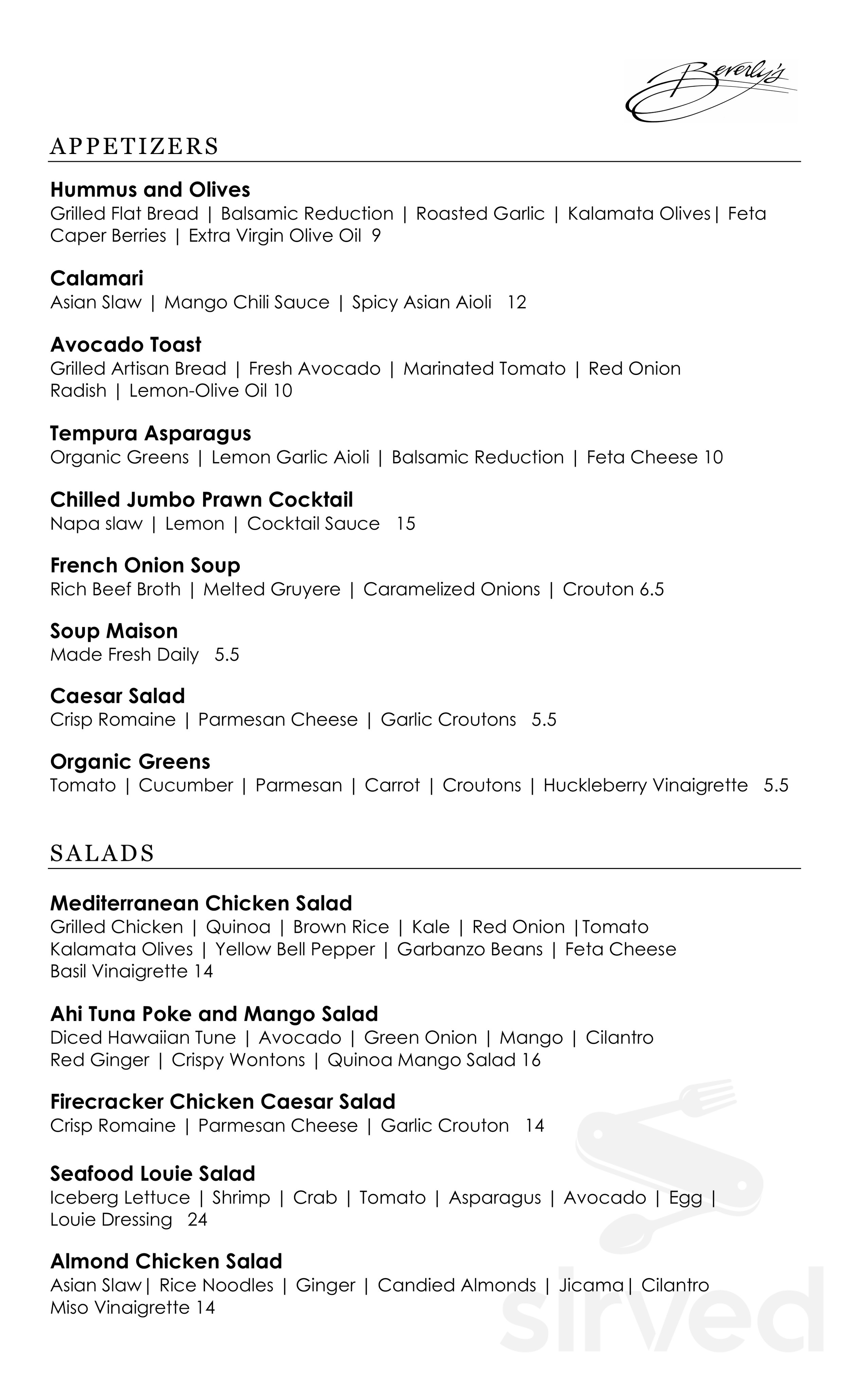 Beverly's menu in Coeur d'Alene, Idaho, USA