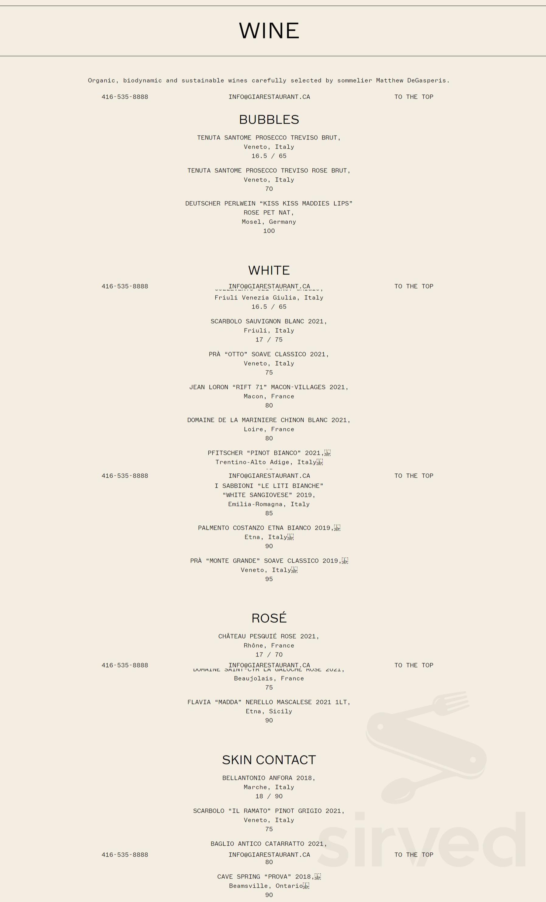 Gia Restaurant menu in Toronto, Ontario, Canada
