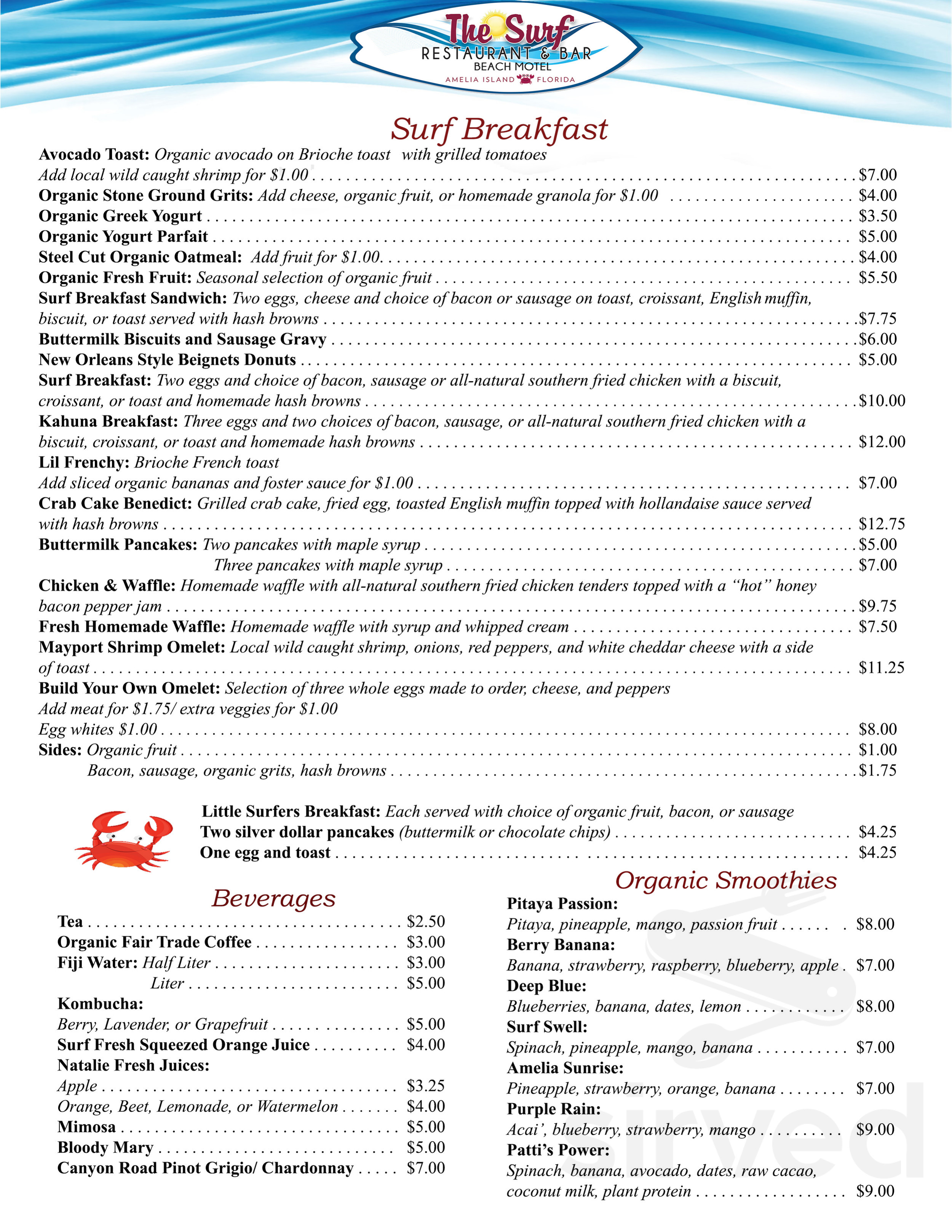 Menu for The Surf Restaurant & Bar - Fernandina Beach, FL | Sirved