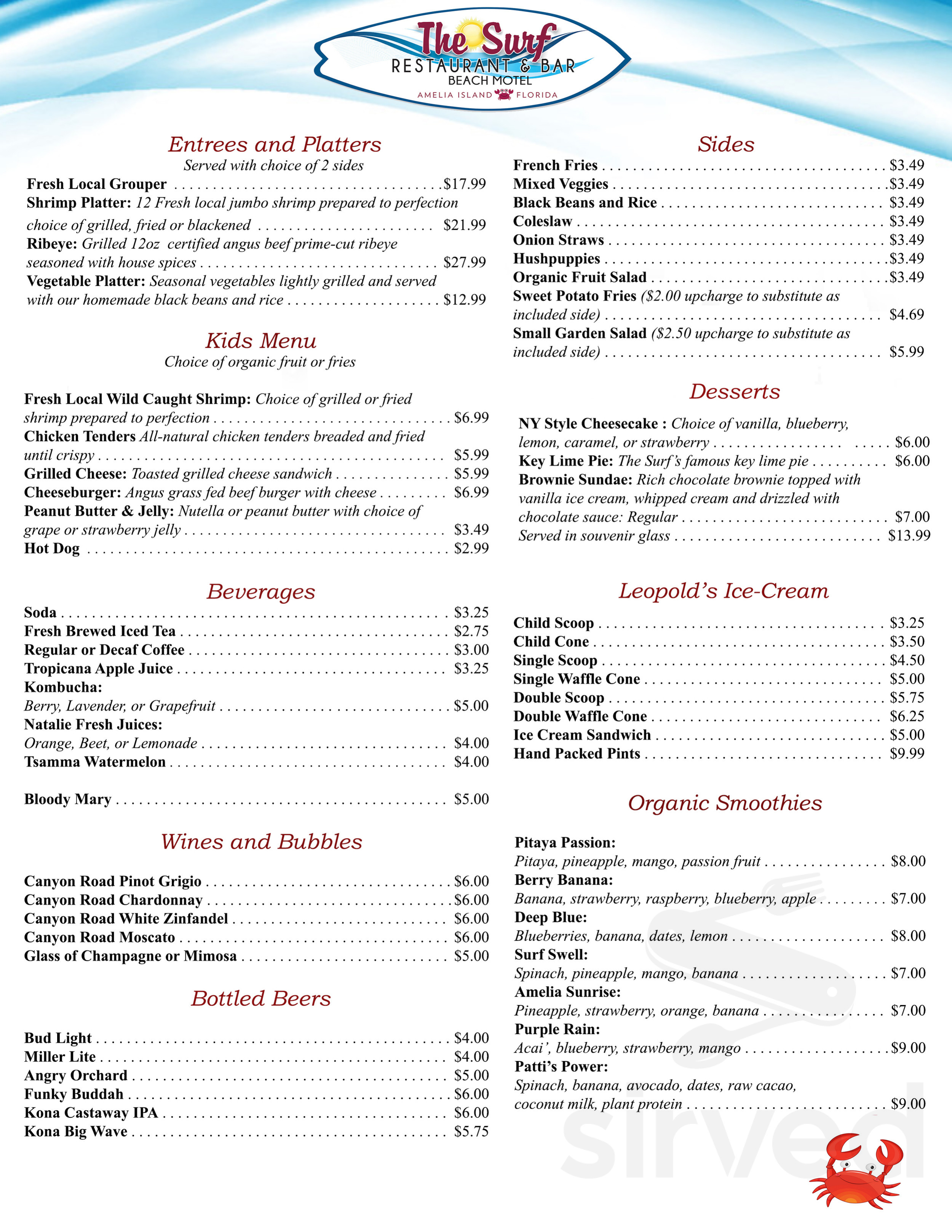 The Surf Restaurant & Bar menu in Fernandina Beach, Florida, USA