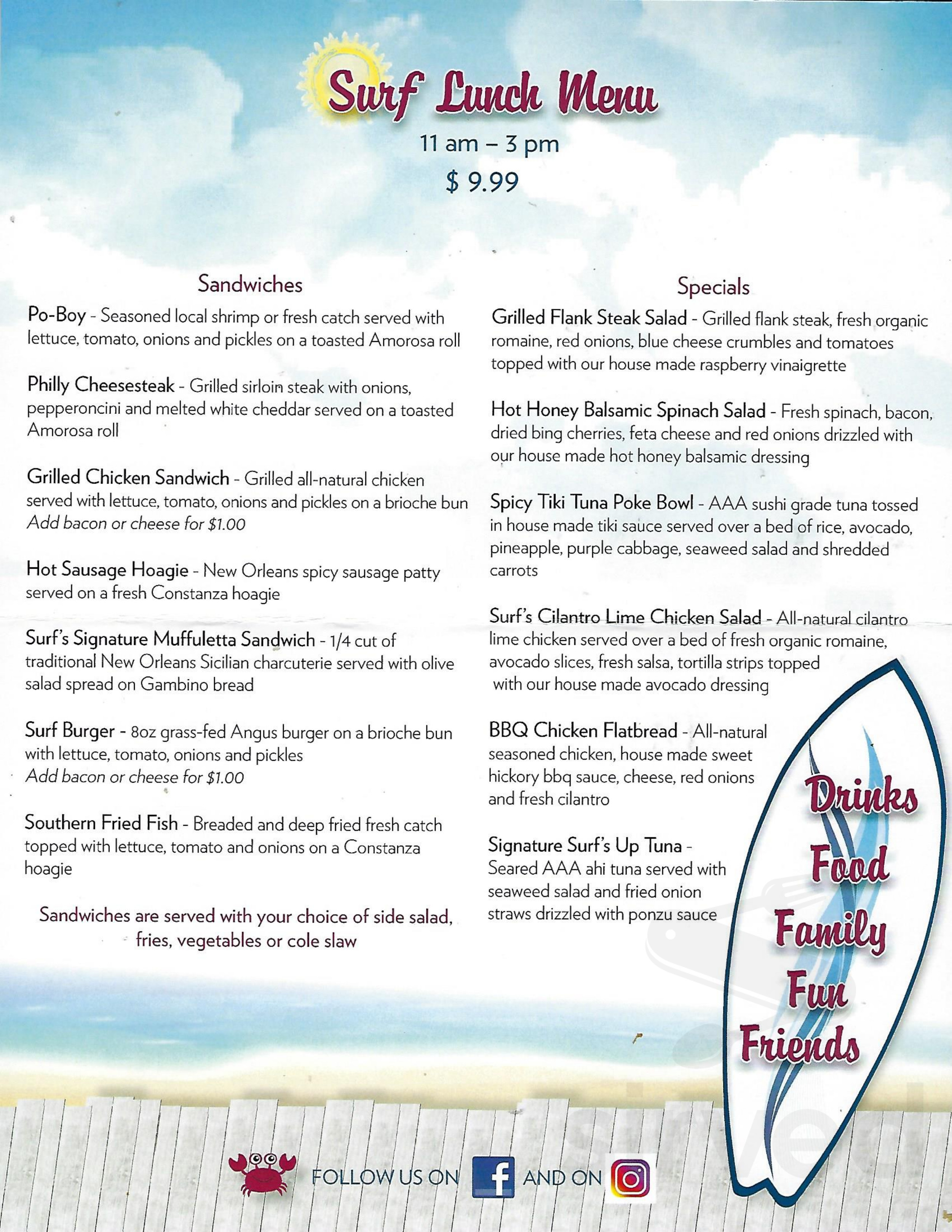 Menu for The Surf Restaurant & Bar - Fernandina Beach, FL | Sirved
