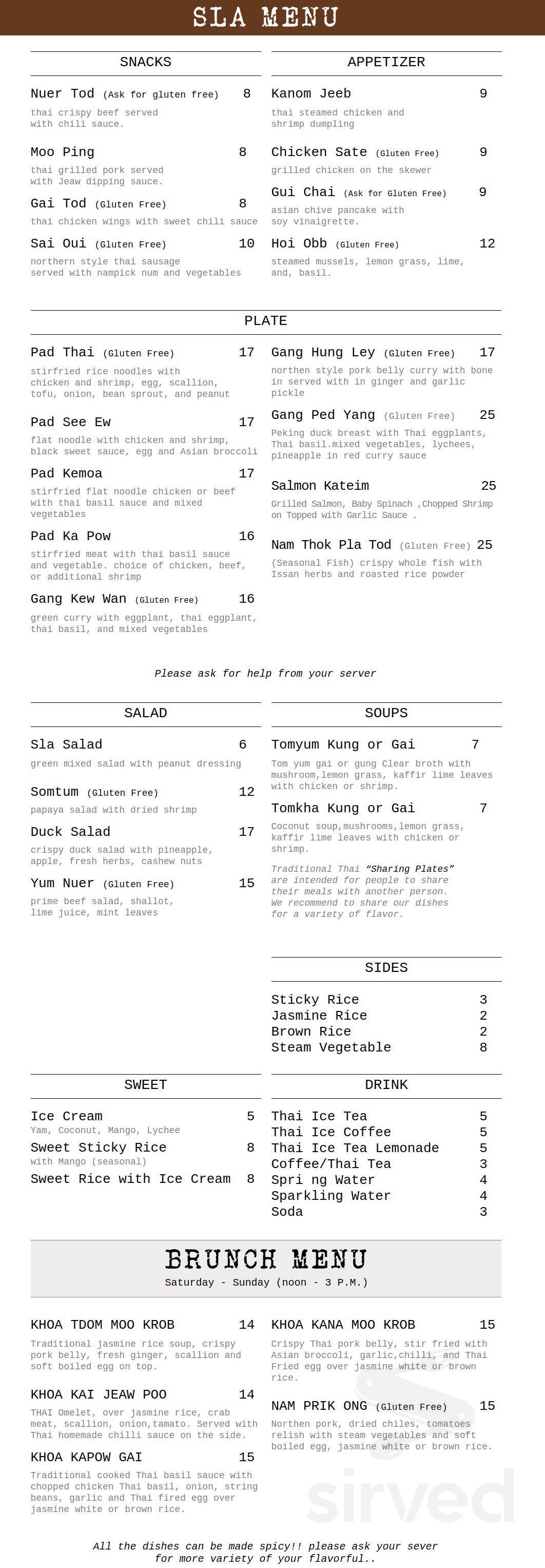 SLA thai restaurant menu in Montclair, New Jersey, USA