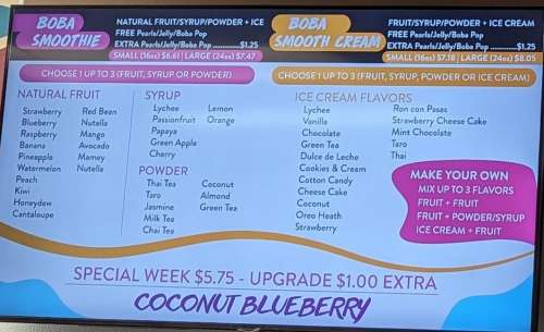Boba World menu in Miami, Florida, USA