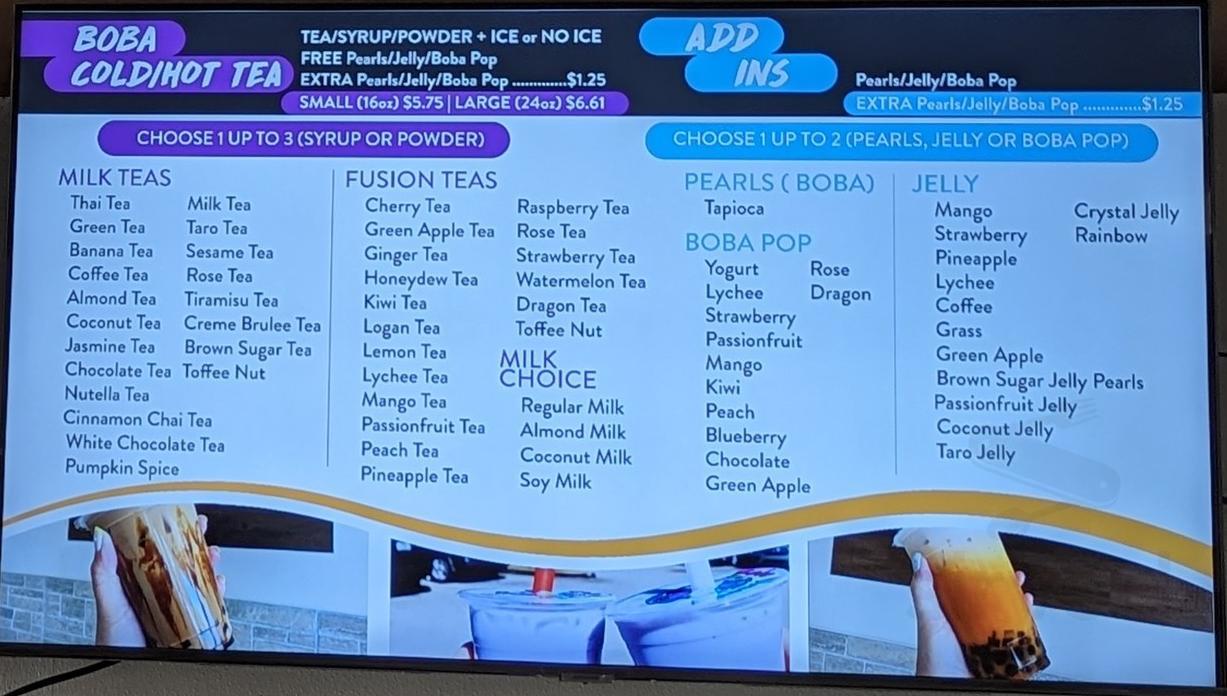 Boba World menu in Miami, Florida, USA