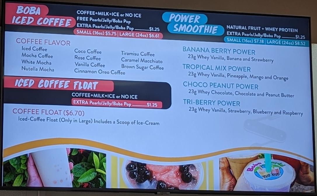 Boba World menu in Miami, Florida, USA