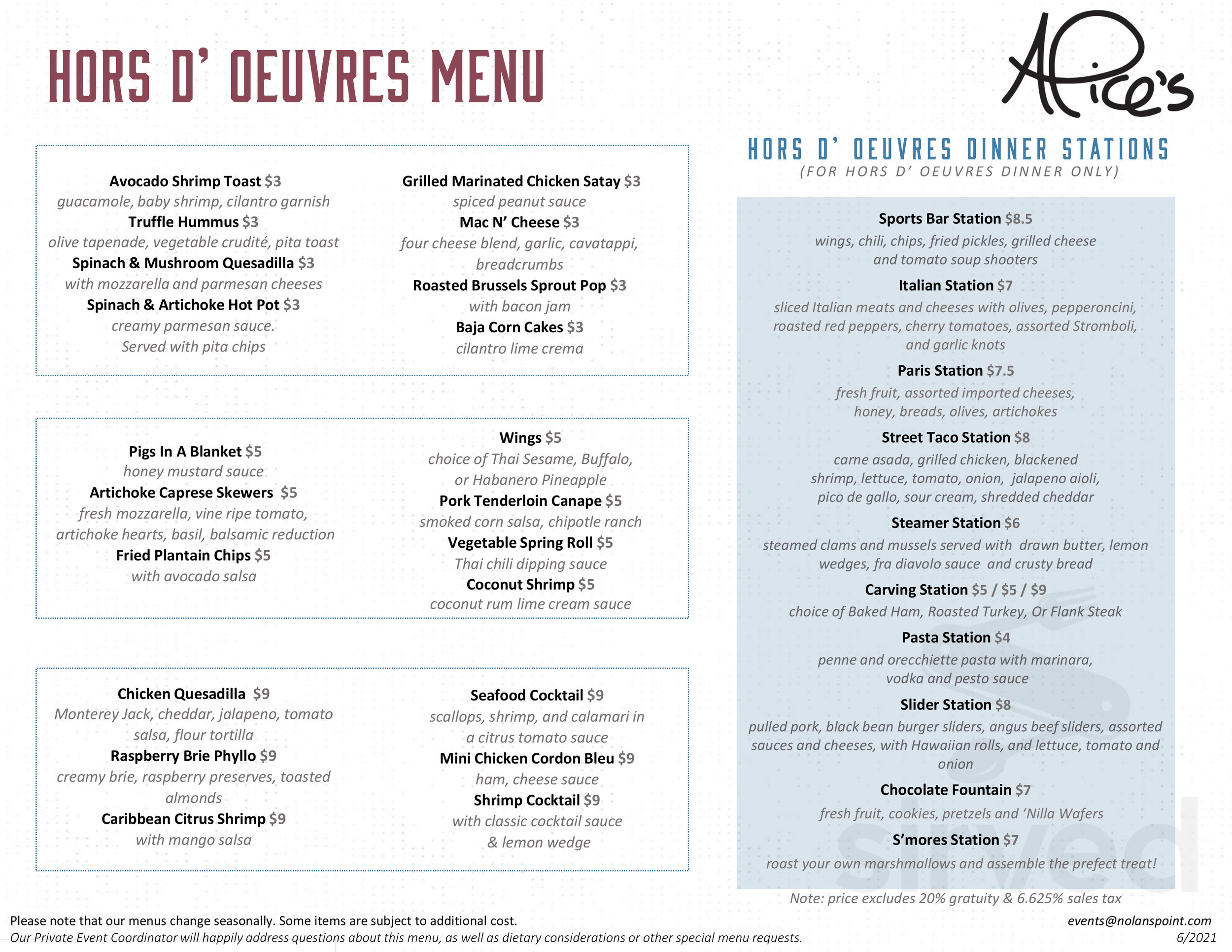 Big Fish Lounge at Alice's menu in Lake Hopatcong, New Jersey, USA