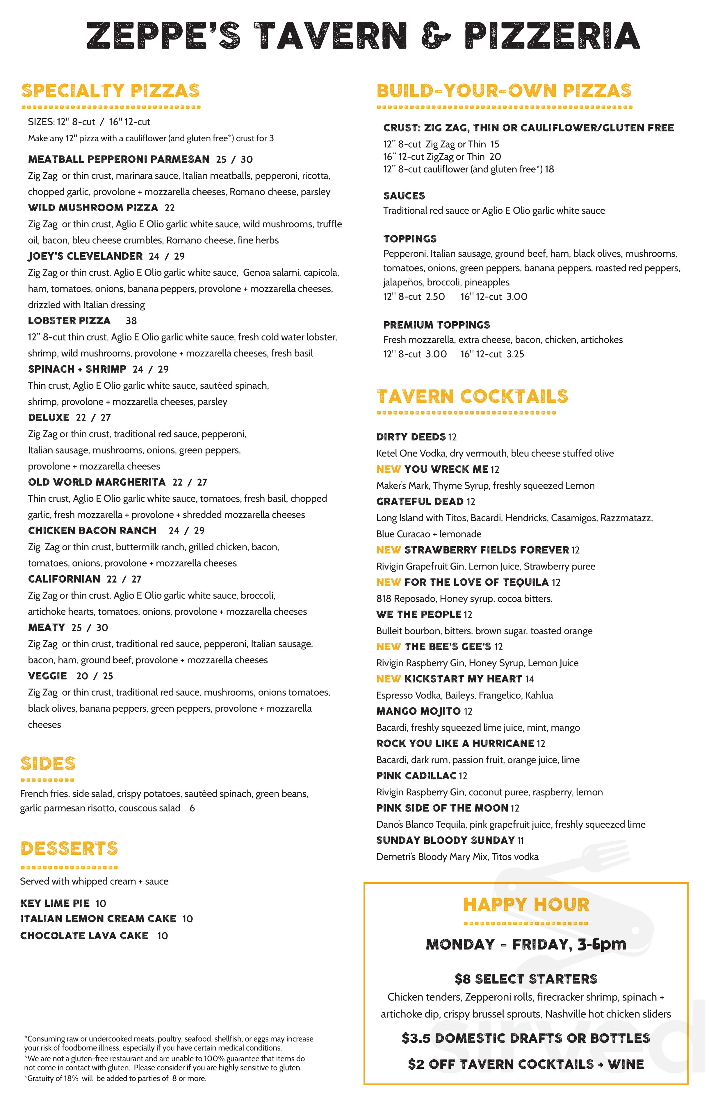 Menu - Naples FL's Zeppe's Tavern & Pizzeria | Sirved