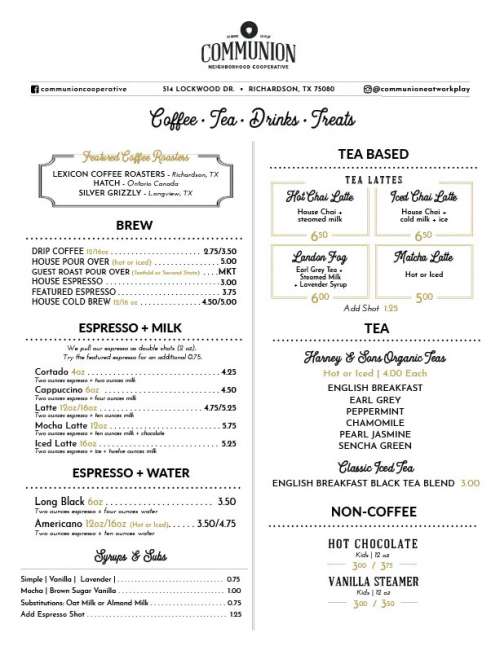 Communion Neighborhood Cooperative Coffee, Restaurant, Cowor menu in ...