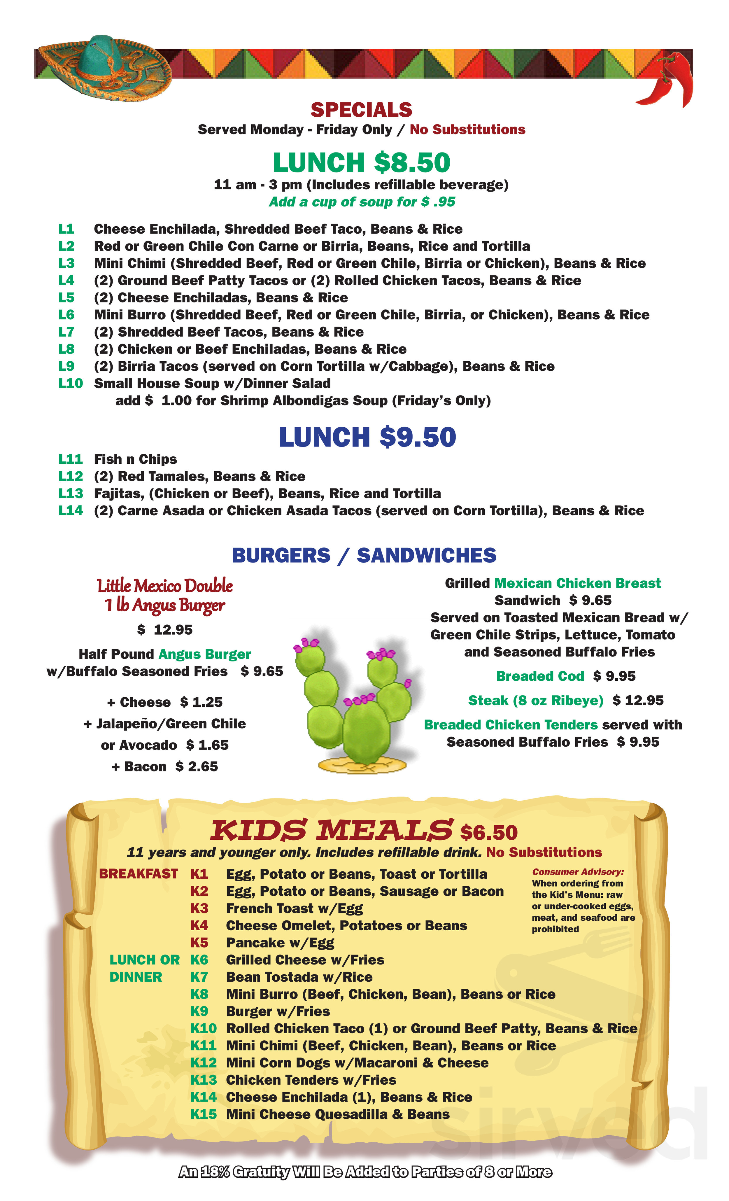 Little Mexico Restaurant menus in Tucson, Arizona, United States