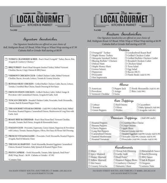 Menu - Southbury CT's The Local Gourmet | Sirved