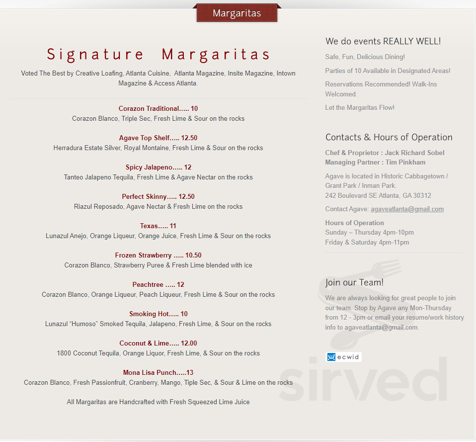Agave Restaurant menu in Atlanta, Georgia, USA