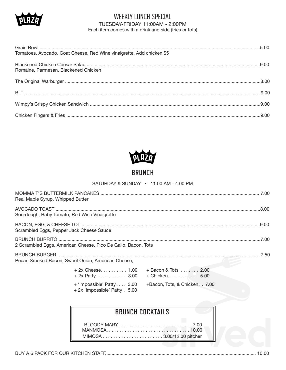 Menu for Auburn Plaza Bar & Lounge in Auburn, AL | Sirved