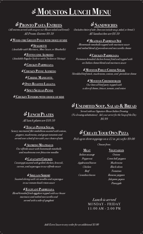 Moustos Pasta and Grill menu in Paris, Tennessee, USA