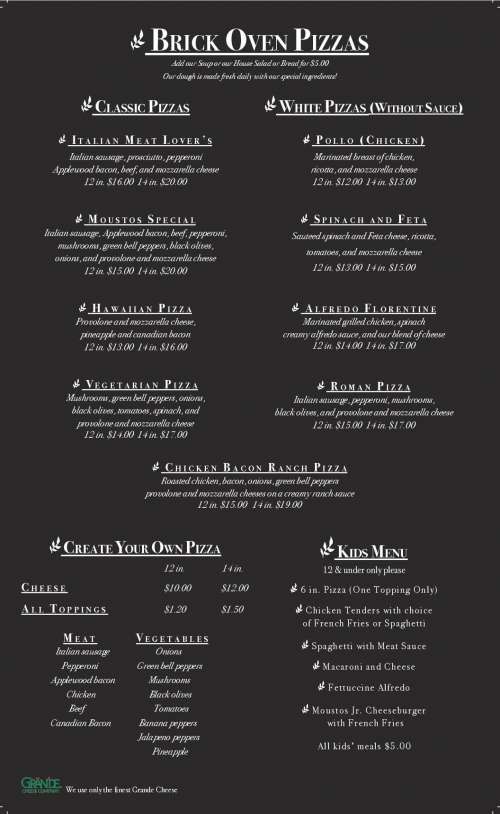 Moustos Pasta and Grill menu in Paris, Tennessee, USA