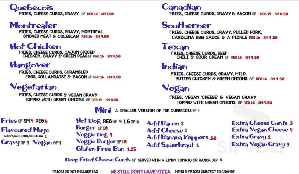 Chez Joe Poutine menu in Sun Peaks, British Columbia, Canada