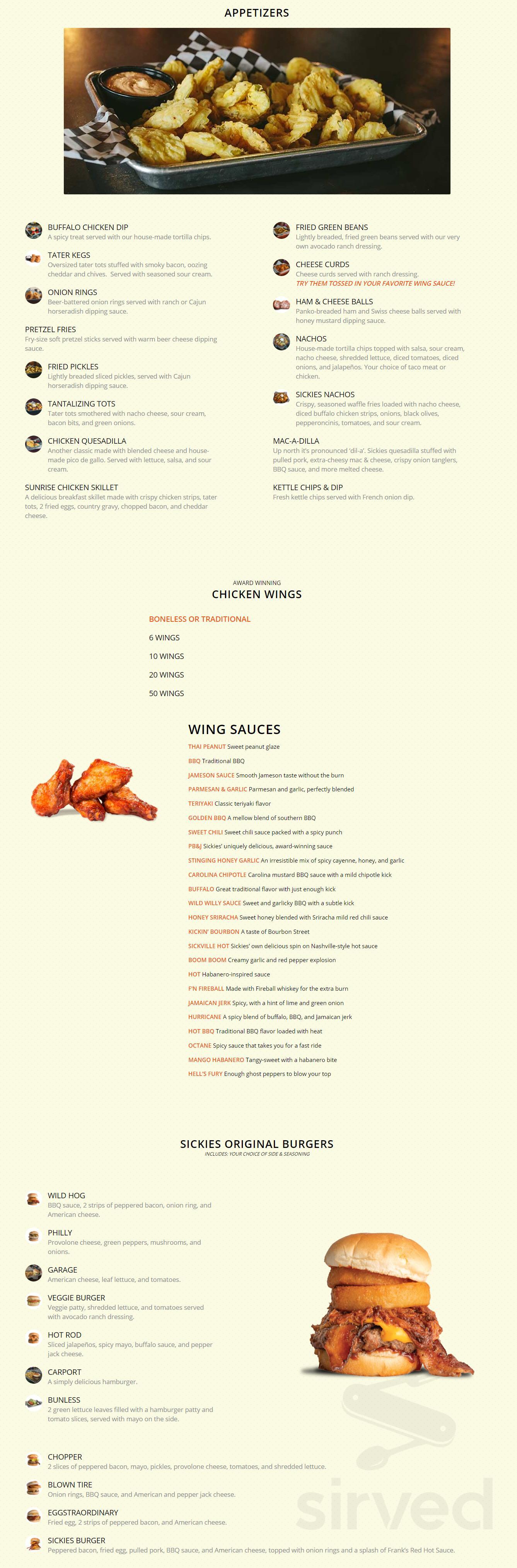Menu For Sickies Garage Burgers Brews In Kissimmee Fl Sirved