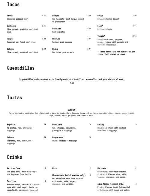 El Rey del Taco (Food Truck) menu in Raleigh, North Carolina, USA