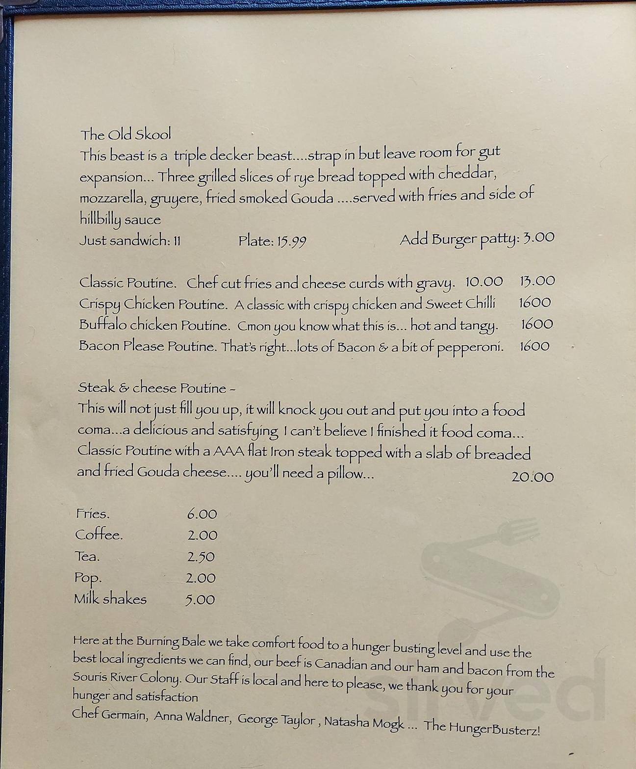 The Burning Bale menus in Elgin, Manitoba, Canada