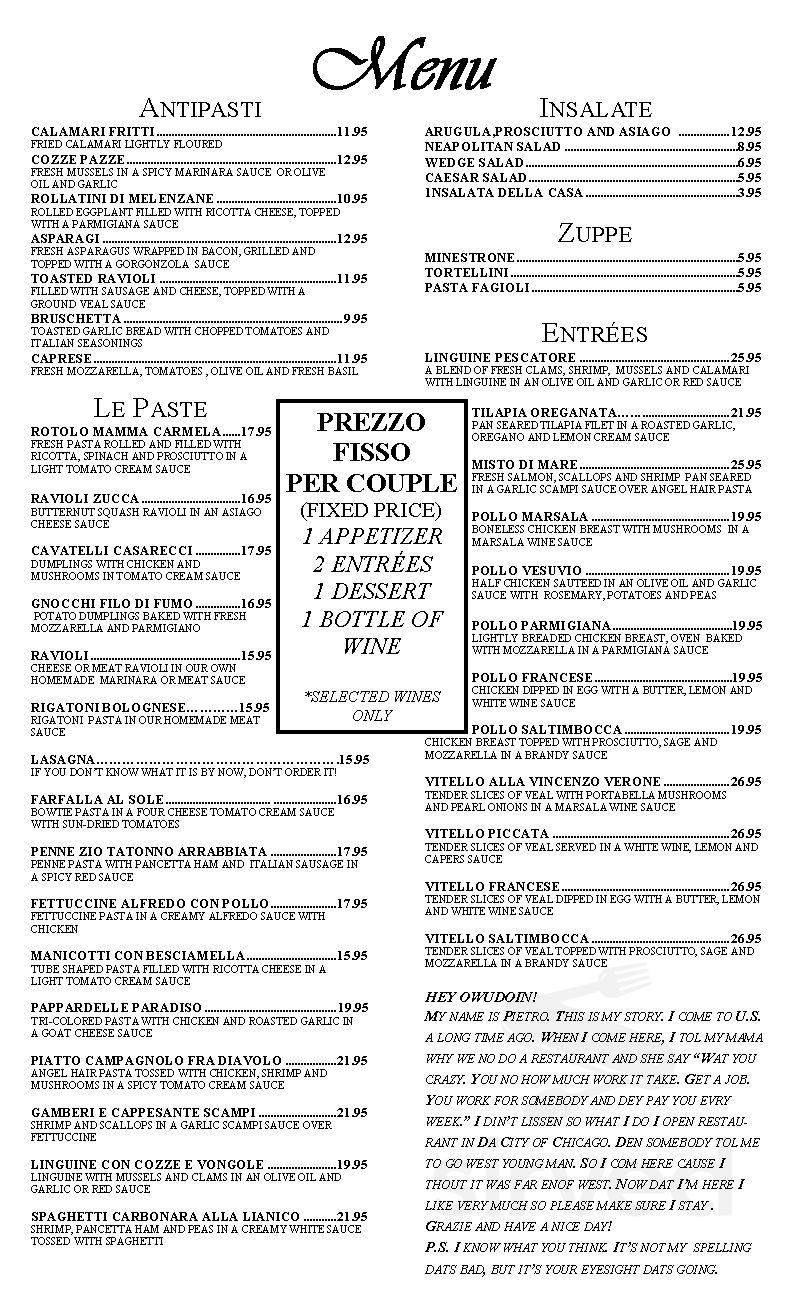 Villa Verone Ristorante Italiano menu in Geneva, Illinois, USA