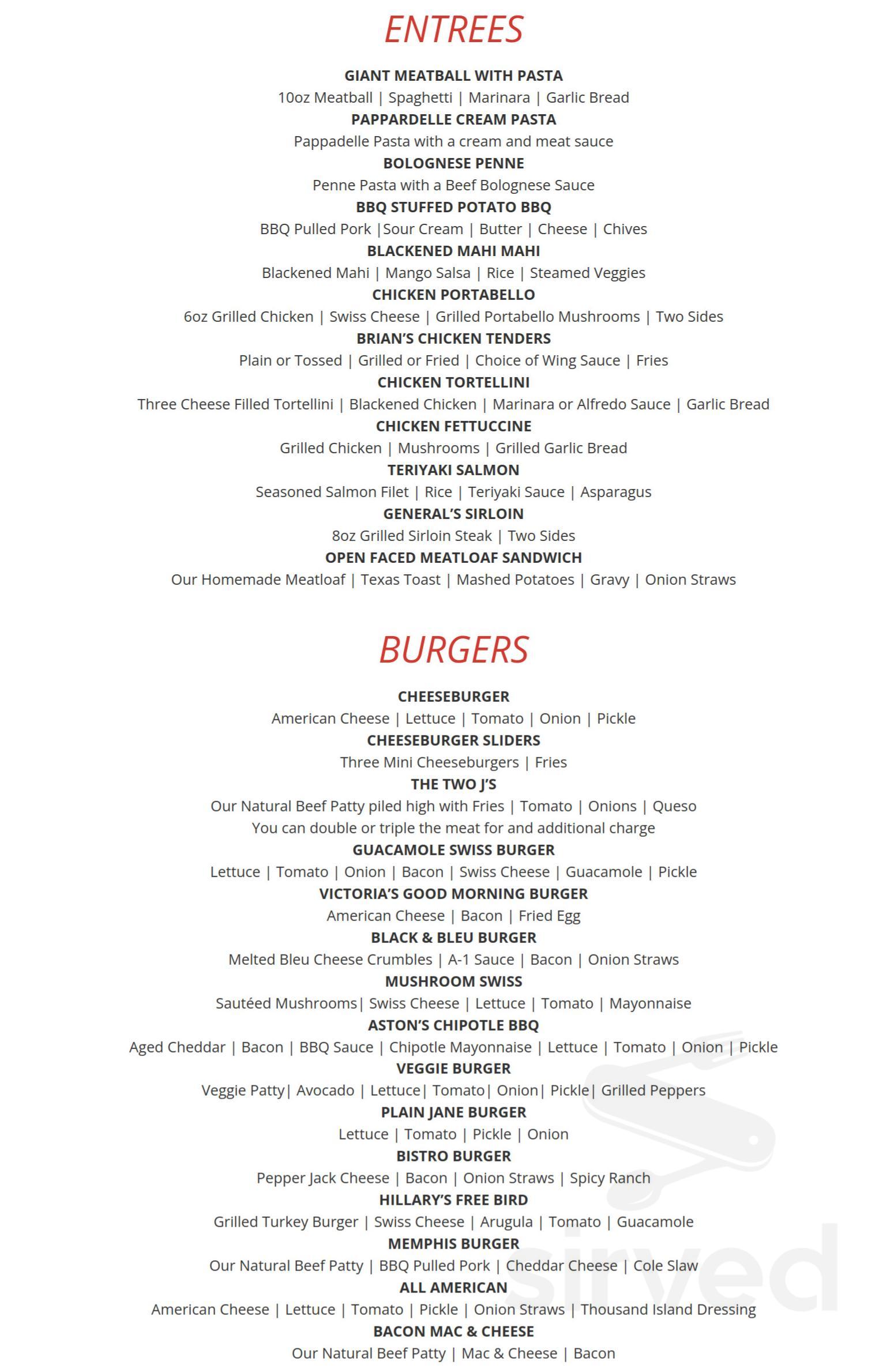 Two J's Grille menu in Murfreesboro, Tennessee, USA