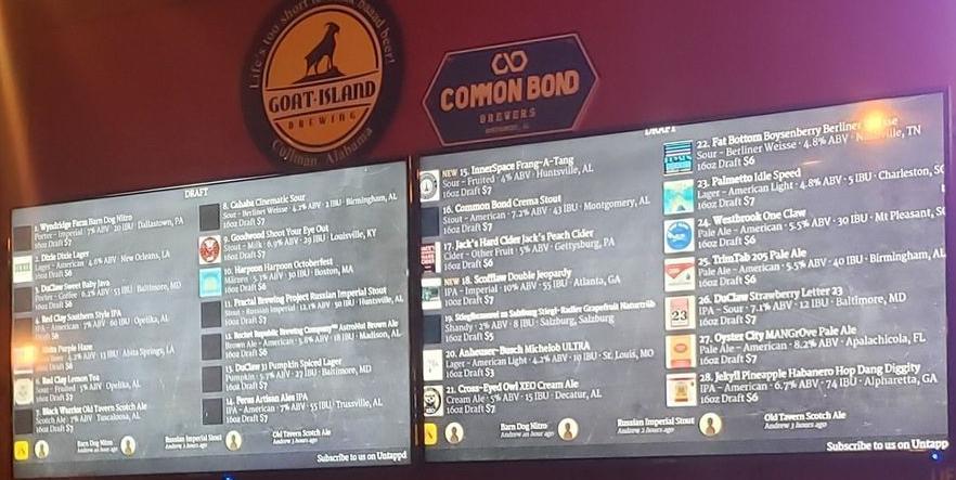 Coosa River Craft House menu in Wetumpka, Alabama, USA
