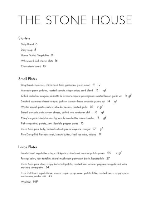 The Stone House menu in Nevada City, California, USA