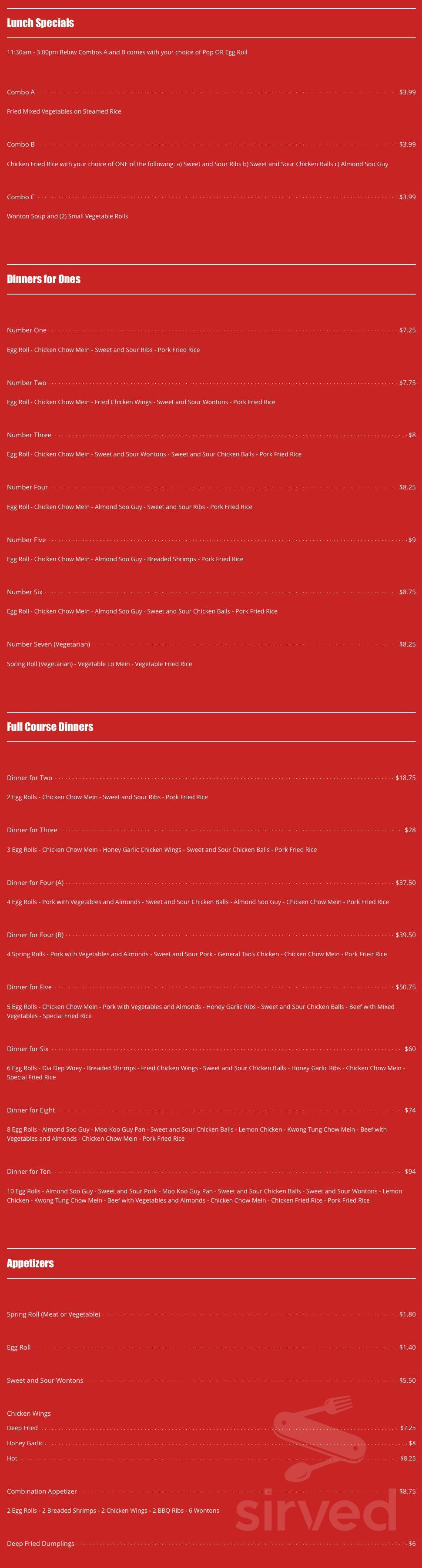 Nanking Restaurant menus in Brantford, Ontario, Canada