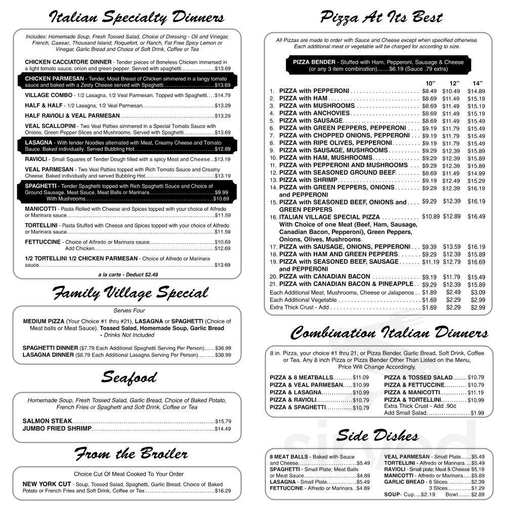 Italian Village menu in Millcreek, Utah, USA