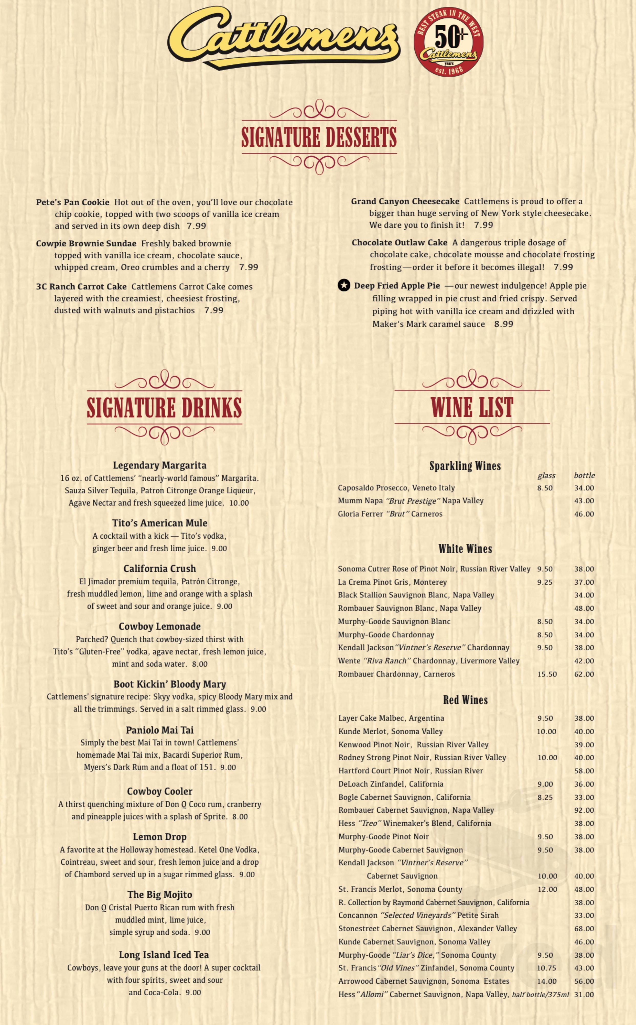 Menu for Cattlemens Restaurants: Redding in Redding, CA | Sirved