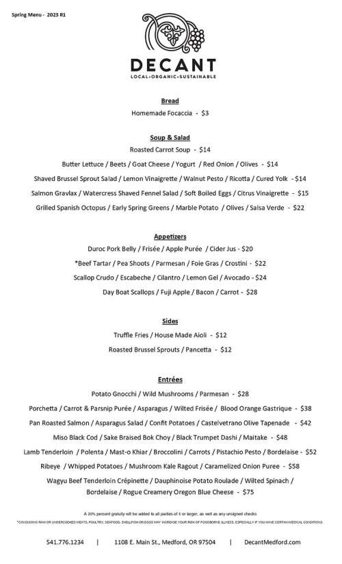 Decant menu in Medford, Oregon, USA