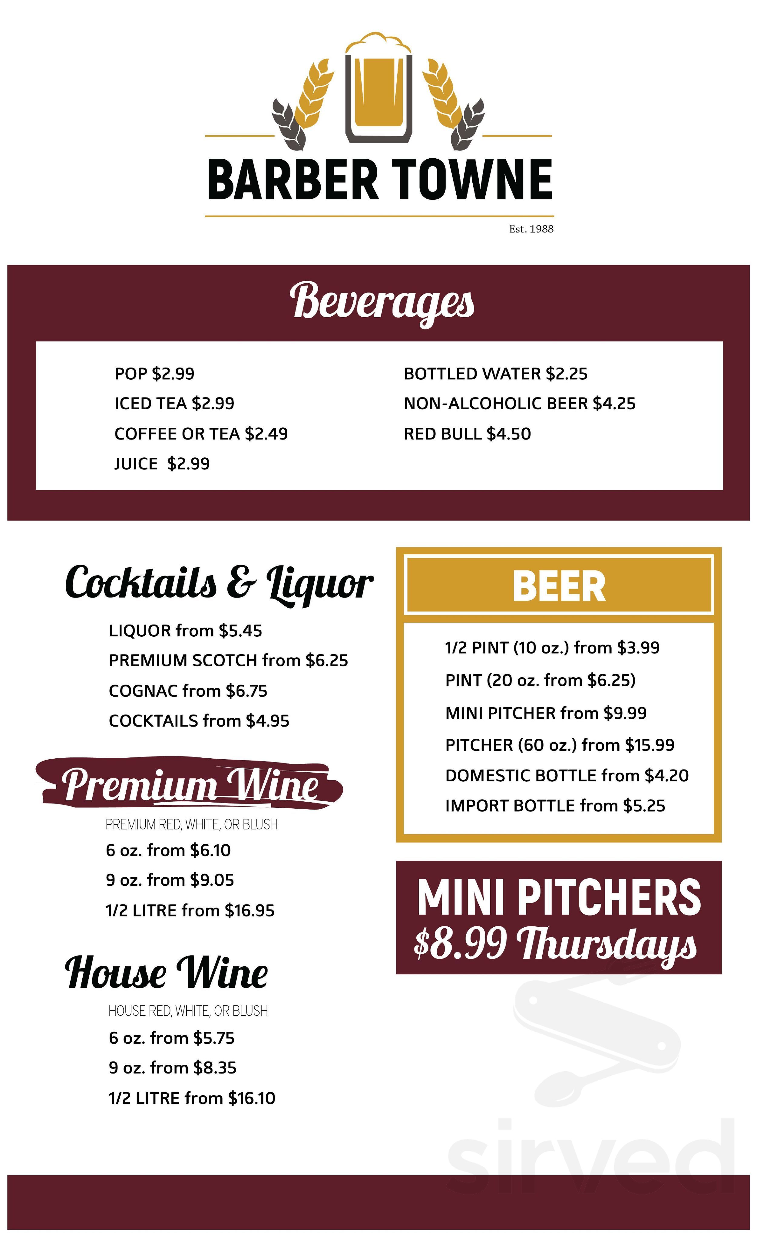 Menu for The Barber Towne Pub in Georgetown, ON | Sirved