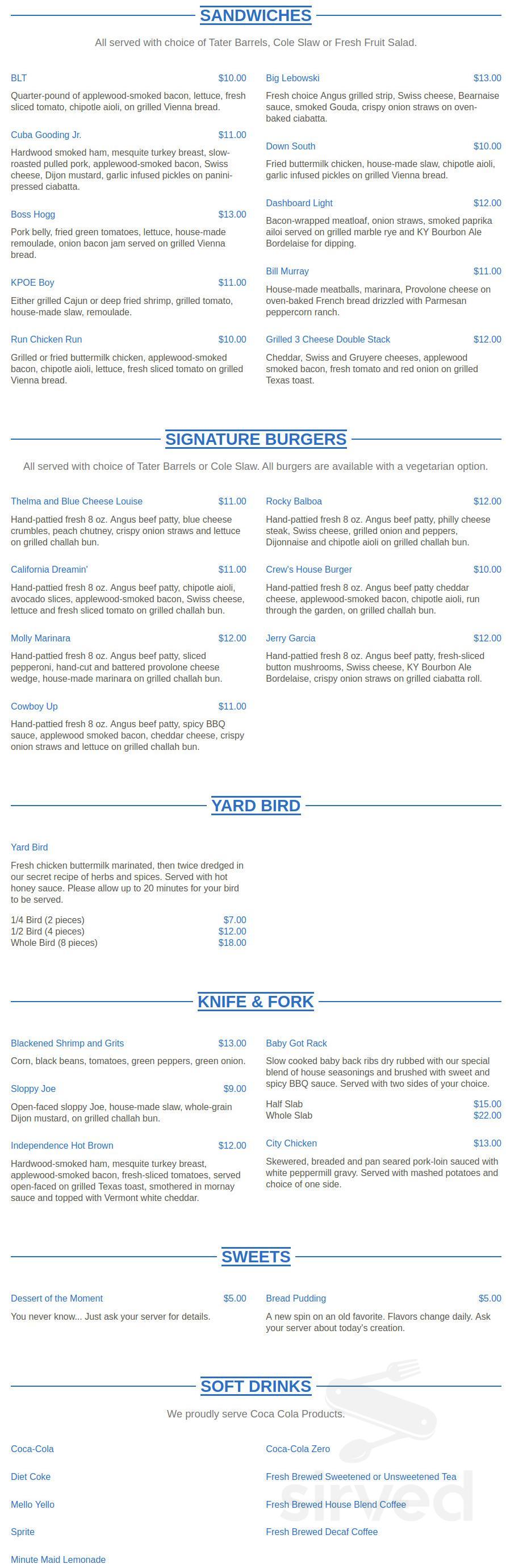 Menu - Independence KY's Crewitts Creek Kitchen & Bar | Sirved