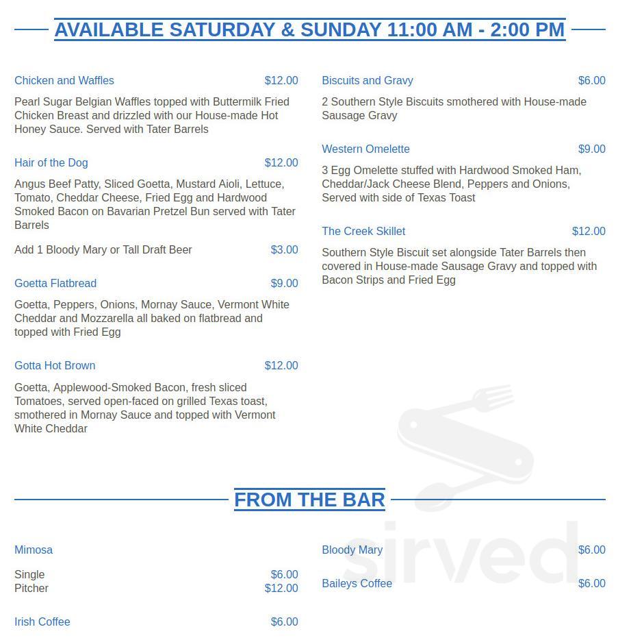 Menu - Independence KY's Crewitts Creek Kitchen & Bar | Sirved