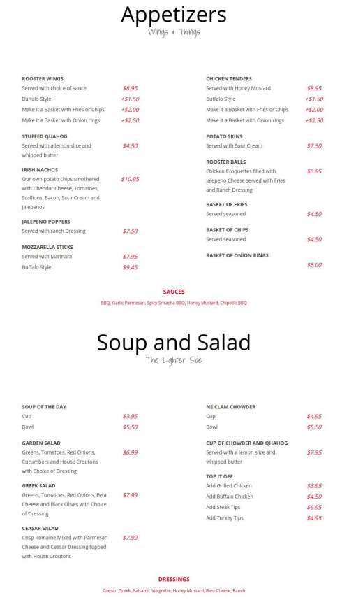 Red Rooster Bar and Grill menu in Wrentham, Massachusetts, USA