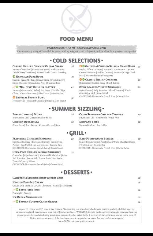 Intercontinental Hotel menu in Los Angeles, California, USA