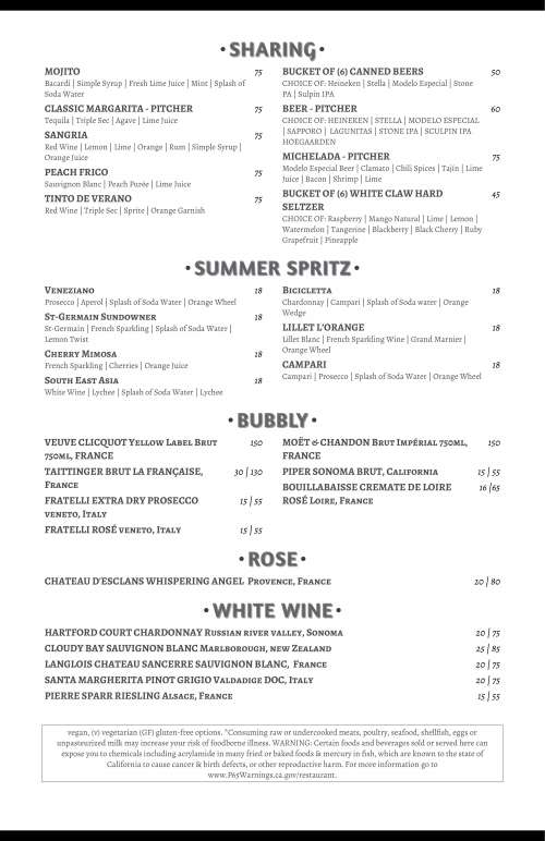 Intercontinental Hotel menu in Los Angeles, California, USA