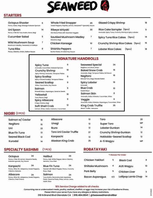 Seaweed Handroll Bar Glendale menu in Glendale, California, USA