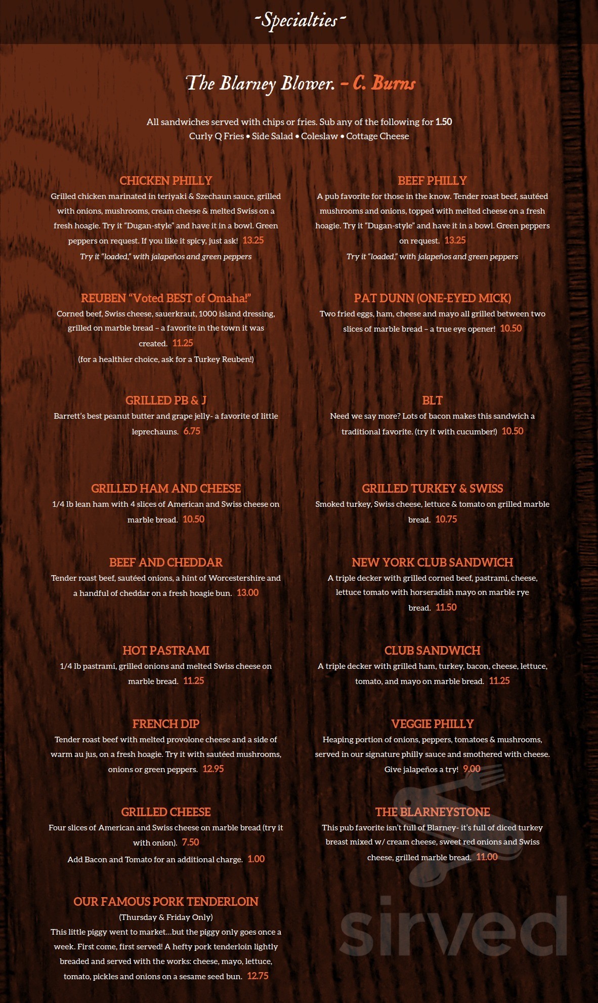Barrett's Barleycorn Pub & Grill menu in Omaha, Nebraska, USA