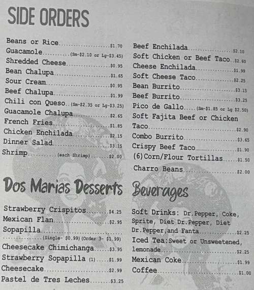 Dos Marias menu in Paris, Texas, USA