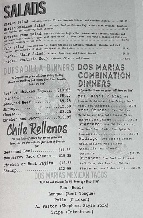 Dos Marias menu in Paris, Texas, USA