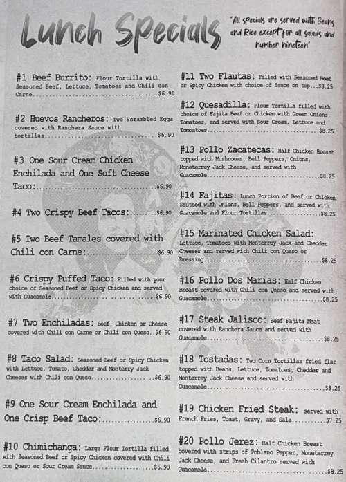 Dos Marias menu in Paris, Texas, USA