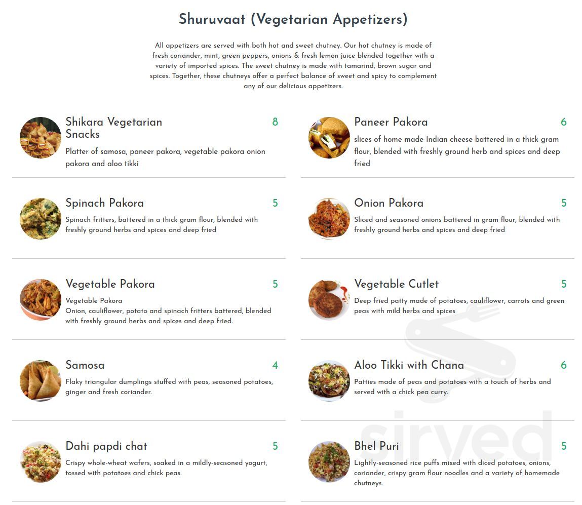 Shikara Restaurant menu in Downers Grove, Illinois, USA