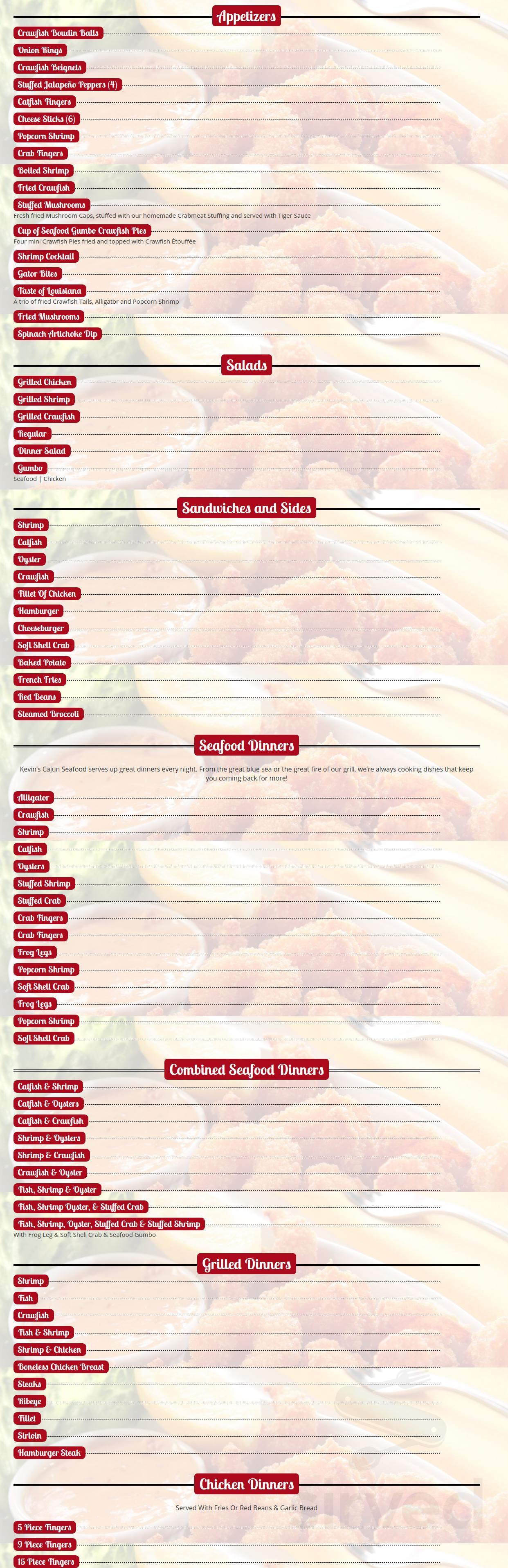 Menu for DiCarlo's Food & Spirits in Maurepas, LA | Sirved