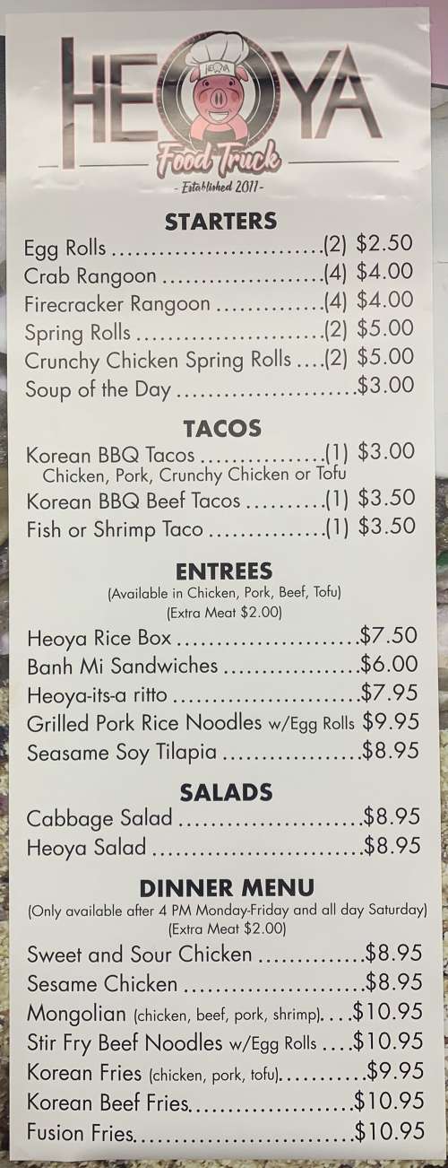 Heoya north menu in Lincoln, Nebraska, USA
