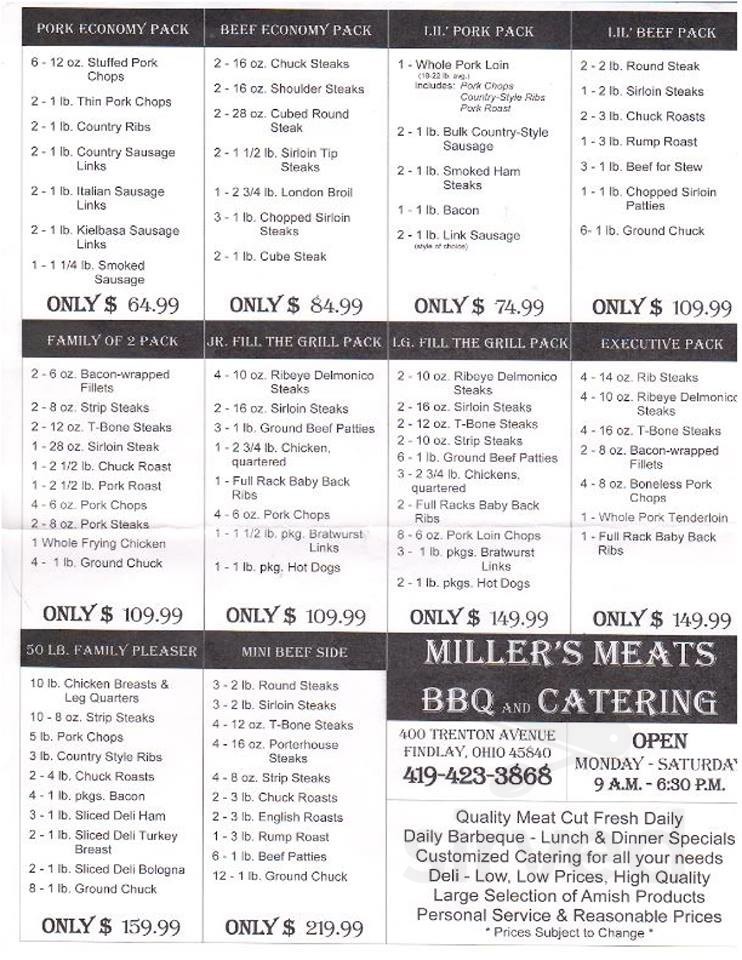 Menu - Findlay OH's Miller's Meats, BBQ & Catering | Sirved