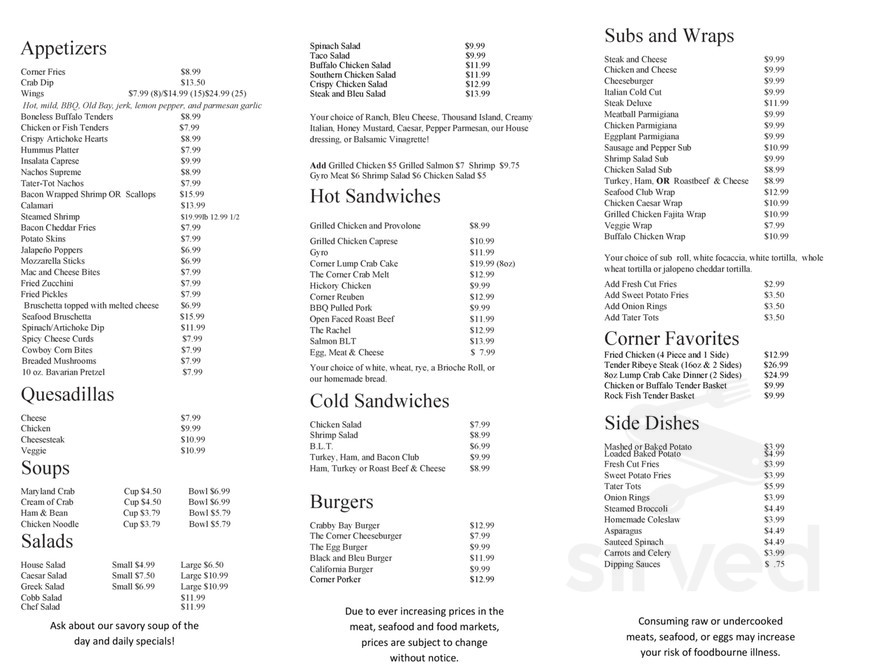 Vanessa's Corner Pub menu in Westminster, Maryland, USA