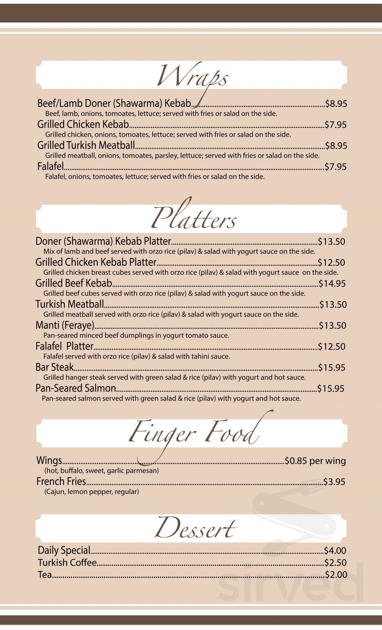 Galata menu in Chicago, Illinois, USA