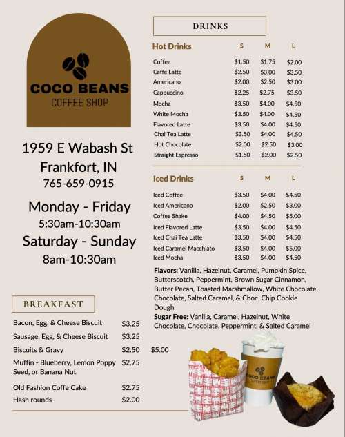 Coco Beans Coffee Shop menu in Frankfort, Indiana, USA