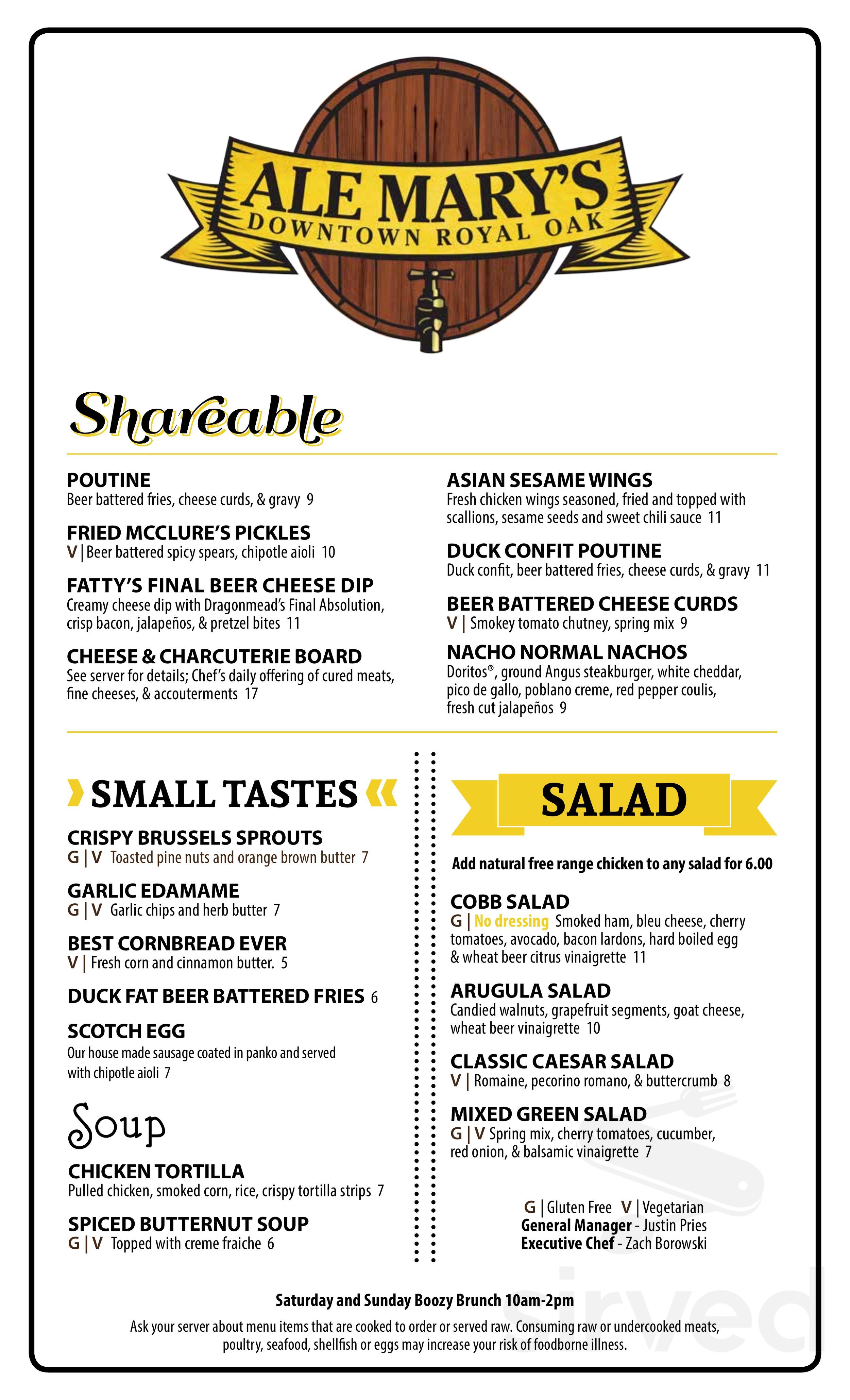 Menu for Ale Mary's Beer Hall in Royal Oak, MI | Sirved